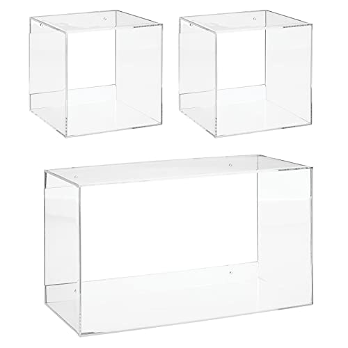 mDesign Floating Wall Mounted Shelves, Decorative Acrylic Geometric Square/Rectangle Display for Photos, Plants, Decor - Shadow Box for Bedroom, Office, Bathroom, Lexa Collection, Set of 3, Clear