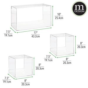 mDesign Floating Wall Mounted Shelves, Decorative Acrylic Geometric Square/Rectangle Display for Photos, Plants, Decor - Shadow Box for Bedroom, Office, Bathroom, Lexa Collection, Set of 3, Clear