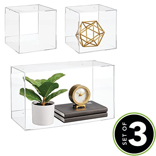 mDesign Floating Wall Mounted Shelves, Decorative Acrylic Geometric Square/Rectangle Display for Photos, Plants, Decor - Shadow Box for Bedroom, Office, Bathroom, Lexa Collection, Set of 3, Clear