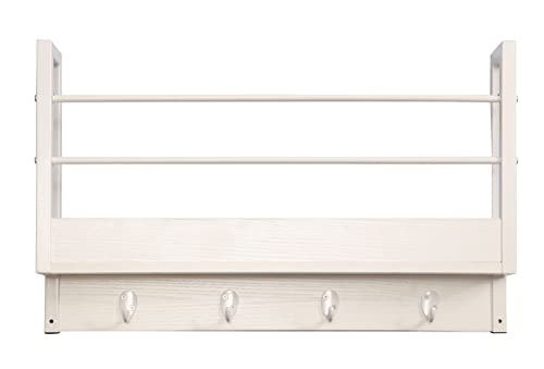 JJS Floating Book Shelf Coat Rack, Wall Mounted Storage Shelves with Coat Hooks Key Holder for Entryway Hallway Bathroom Living Room Bedroom, White, Set of 2