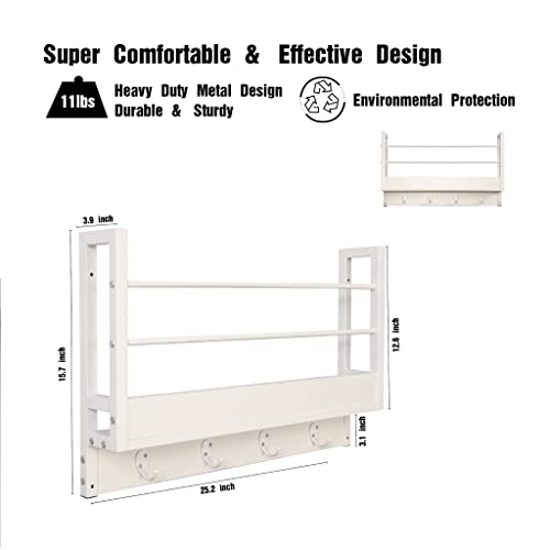 JJS Floating Book Shelf Coat Rack, Wall Mounted Storage Shelves with Coat Hooks Key Holder for Entryway Hallway Bathroom Living Room Bedroom, White, Set of 2