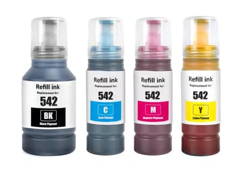 KINOLABS 542 Compatible Ink Bottles Replacement for Epson 542 T542 for Pro EcoTank ET-5800 ET-5850 ET-5880 ET-16600 ET-16650 (1 Black,1 Magenta, 1 Cyan, 1 Yellow, 4 Pack)