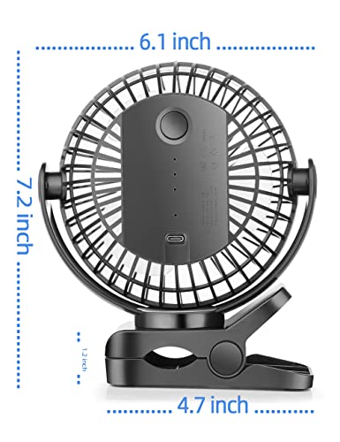 VANPRT 5000mah Clip on Fan, 6'' Portable Rechargeable Battery Fan, 7-30 Working Hours, 3 Speeds Strong Airflow, 720° Rotation, Quiet, Strong Clamp for Desk/Office/Golf/Car/Gym/Treadmill - Black