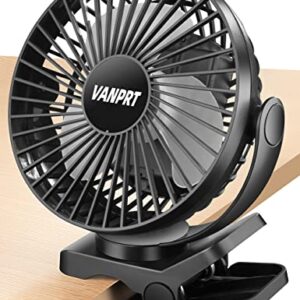 VANPRT 5000mah Clip on Fan, 6'' Portable Rechargeable Battery Fan, 7-30 Working Hours, 3 Speeds Strong Airflow, 720° Rotation, Quiet, Strong Clamp for Desk/Office/Golf/Car/Gym/Treadmill - Black