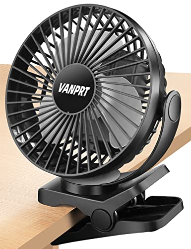 VANPRT 5000mah Clip on Fan, 6'' Portable Rechargeable Battery Fan, 7-30 Working Hours, 3 Speeds Strong Airflow, 720° Rotation, Quiet, Strong Clamp for Desk/Office/Golf/Car/Gym/Treadmill - Black