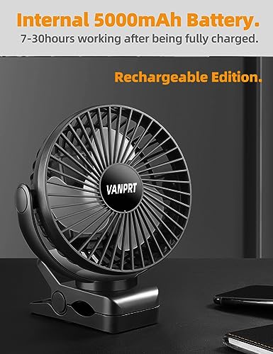 VANPRT 5000mah Clip on Fan, 6'' Portable Rechargeable Battery Fan, 7-30 Working Hours, 3 Speeds Strong Airflow, 720° Rotation, Quiet, Strong Clamp for Desk/Office/Golf/Car/Gym/Treadmill - Black