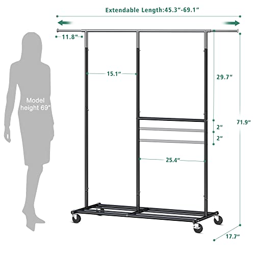 Raybee Heavy Duty Clothes Rack Loads 410 LBS Rolling Clothes Racks for Hanging Clothes Rack with Wheels Metal Clothing Rack Adjustable & Portable Clothes Rack Commercial Grament Rack Heavy Duty Black