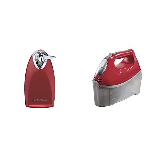 Hamilton Beach Electric Automatic Can Opener, Red & 6-Speed Electric Hand Mixer, Beaters and Whisk, with Snap-On Storage Case, Red