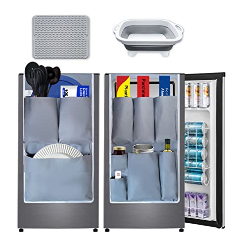 EFP -ALL IN ONE 12 Pocket Dorm & Office Mini Fridge Caddy Organizer - Stores Pantry Items, Cutlery, Utensils, Bottles, Plates, & More For Home, Includes Collapsible Cutting Board & Dish Mat (Grey)