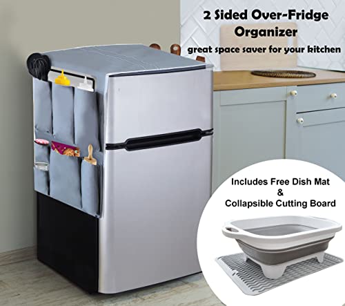 EFP -ALL IN ONE 12 Pocket Dorm & Office Mini Fridge Caddy Organizer - Stores Pantry Items, Cutlery, Utensils, Bottles, Plates, & More For Home, Includes Collapsible Cutting Board & Dish Mat (Grey)