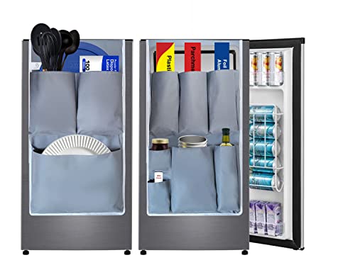 EFP -ALL IN ONE 12 Pocket Dorm & Office Mini Fridge Caddy Organizer - Stores Pantry Items, Cutlery, Utensils, Bottles, Plates, & More For Home, Includes Collapsible Cutting Board & Dish Mat (Grey)