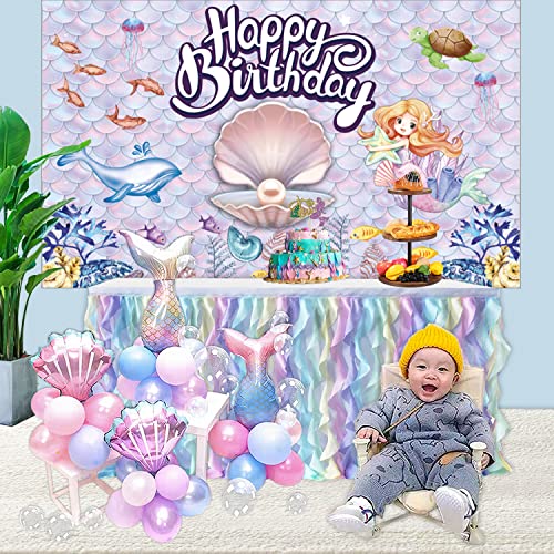 50pcs Mermaid Theme Balloons Kit, Little Mermaid Tail Foil Balloons and Sea Shells Latex Balloons Arch Kit for Birthday Party Decorations for Girls, Baby Shower, Backdrop Decorations