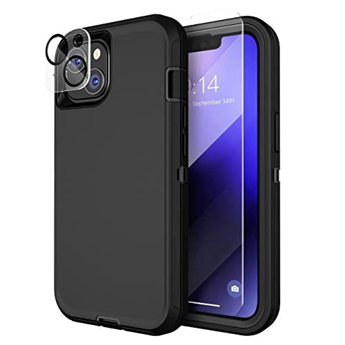 MXX Heavy Duty Case for iPhone 14, with Tempered Glass Screen Protector,Camera Lens Protector 3-Layer Full Body Protection Cover Shockproof DustProof, 6.1 inch 2022 (Black)