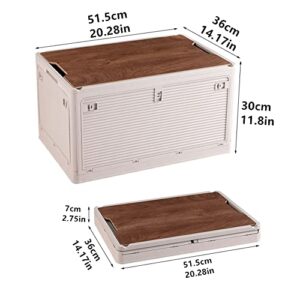 Radefasun Foldable Storage Bins with Wood Lids Plastic Collapsible Storage Box with Cutting Board Portable Stackable Grocery Container Folding Latching Storage Crate with Removable Pulley (L, Khaki)