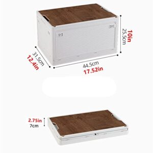 Radefasun Foldable Storage Bins with Wood Lids Plastic Collapsible Storage Box with Cutting Board Portable Stackable Grocery Container Folding Latching Storage Crate with Removable Pulley (S, White)