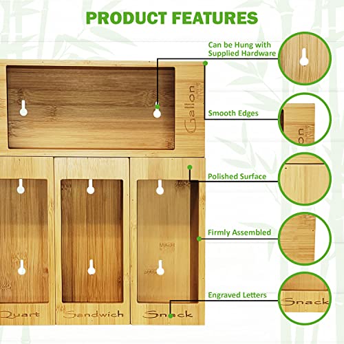 GreenSpace Bamboo Food Storage Bag Organizer (4 box set) for Kitchen Counter, Drawer, or Wall Mounted - Compatible With Gallon, Quart, Sandwich & Snack Bags