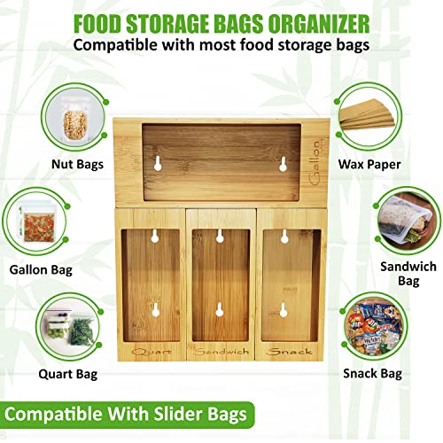 GreenSpace Bamboo Food Storage Bag Organizer (4 box set) for Kitchen Counter, Drawer, or Wall Mounted - Compatible With Gallon, Quart, Sandwich & Snack Bags