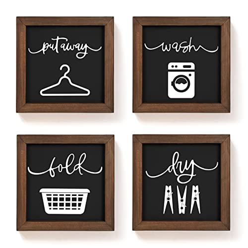 Laundry Room Decor for Wall Farmhouse Laundry Signs Set of 4 Wash Dry Fold Put Away Rustic Laundry Decor for Laundry Room Shelf Laundry Wall Decor with Wood Frame Decorative Laundry Room Sign 8''x 8''