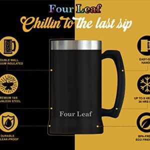 Four Leaf Beer Mug with Handle - 24 Oz Mug Vacuum Insulated, Stainless Steel - Insulated Coffee Mug, Beer Stein, Beer Cup, Travel Mug, Coffee Tumbler (Black)