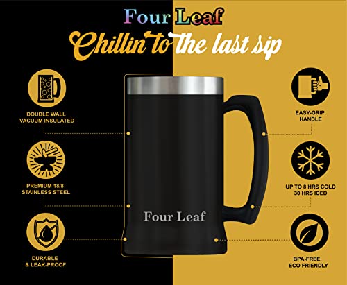 Four Leaf Beer Mug with Handle - 24 Oz Mug Vacuum Insulated, Stainless Steel - Insulated Coffee Mug, Beer Stein, Beer Cup, Travel Mug, Coffee Tumbler (Black)