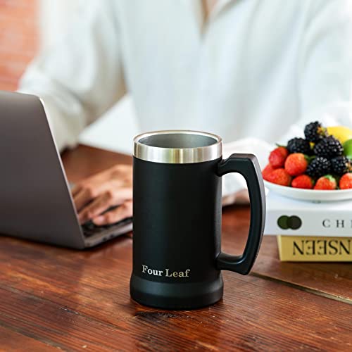 Four Leaf Beer Mug with Handle - 24 Oz Mug Vacuum Insulated, Stainless Steel - Insulated Coffee Mug, Beer Stein, Beer Cup, Travel Mug, Coffee Tumbler (Black)