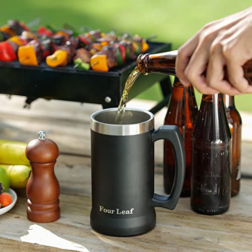 Four Leaf Beer Mug with Handle - 24 Oz Mug Vacuum Insulated, Stainless Steel - Insulated Coffee Mug, Beer Stein, Beer Cup, Travel Mug, Coffee Tumbler (Black)