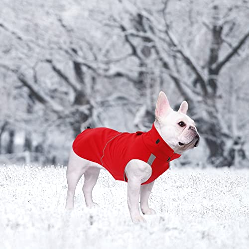 Brabtod French Bulldog Clothes Dog Coat Waterproof with Harness Hole Warm Adjustable Fleece Lined Dog Jacket,Winter Apparel Vest for English Bulldog Boston Terrier Bully Pitbull Corgi-Red-XL