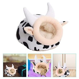 POPETPOP Mini Hamster Bed Hideouts Houses, Cotton Small Animal Pet Nest Cave Cute Cow Shaped Warm Rat Bed Hamster Warm Nest Hamster Fleece Hut Winter House for Dwarf Hamster Mice 11x11cm