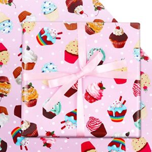 birthday wrapping papers, 7 sheets pink cupcake muffin printed pattern gift wrap papers, 20 x 28 inch per sheet folded flat with 1 roll pink ribbon for kids girls boys birthday baby shower