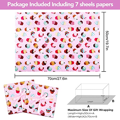 Birthday Wrapping Papers, 7 Sheets Pink Cupcake Muffin Printed Pattern Gift Wrap Papers, 20 x 28 inch Per Sheet Folded Flat with 1 Roll Pink Ribbon for Kids Girls Boys Birthday Baby Shower