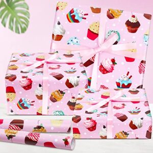 Birthday Wrapping Papers, 7 Sheets Pink Cupcake Muffin Printed Pattern Gift Wrap Papers, 20 x 28 inch Per Sheet Folded Flat with 1 Roll Pink Ribbon for Kids Girls Boys Birthday Baby Shower