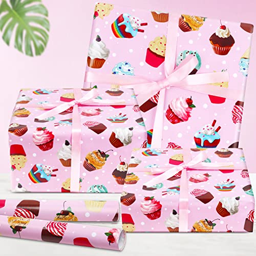 Birthday Wrapping Papers, 7 Sheets Pink Cupcake Muffin Printed Pattern Gift Wrap Papers, 20 x 28 inch Per Sheet Folded Flat with 1 Roll Pink Ribbon for Kids Girls Boys Birthday Baby Shower