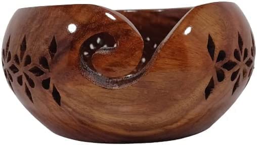 GURU JEE™ Handmade Wooden Yarn Bowl Wool Ball Holder Knitting Bowl Crochet Holder Gifts Showpiece (Natural_Brown_Jali_2) (1 Piece)