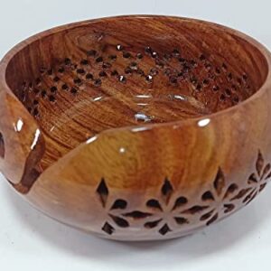 GURU JEE™ Handmade Wooden Yarn Bowl Wool Ball Holder Knitting Bowl Crochet Holder Gifts Showpiece (Natural_Brown_Jali_2) (1 Piece)