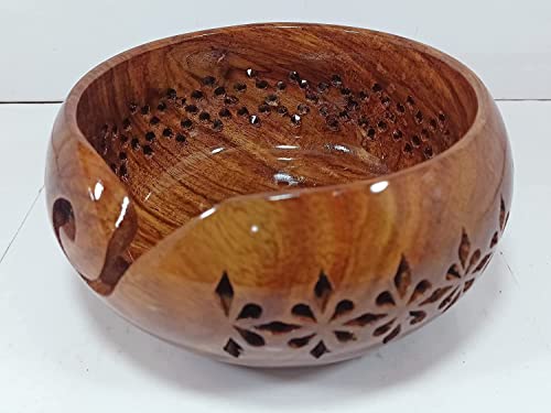 GURU JEE™ Handmade Wooden Yarn Bowl Wool Ball Holder Knitting Bowl Crochet Holder Gifts Showpiece (Natural_Brown_Jali_2) (1 Piece)