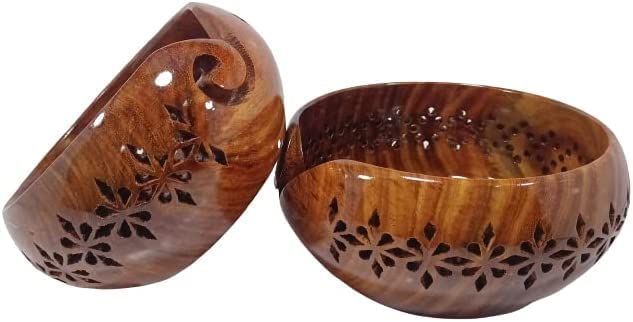 GURU JEE™ Handmade Wooden Yarn Bowl Wool Ball Holder Knitting Bowl Crochet Holder Gifts Showpiece (Natural_Brown_Jali_2) (1 Piece)