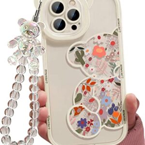 Shinymore Compatible with iPhone 14 Pro Max Case, Cute Flowers Bear Camera Protector Clear Case Cover with Lovely Strap Bracelet Chain Girls Women Case for iPhone 14 Pro Max