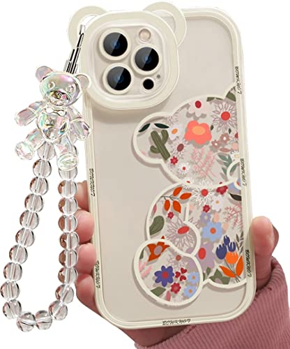 Shinymore Compatible with iPhone 14 Pro Max Case, Cute Flowers Bear Camera Protector Clear Case Cover with Lovely Strap Bracelet Chain Girls Women Case for iPhone 14 Pro Max