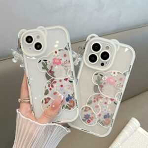 Shinymore Compatible with iPhone 14 Pro Max Case, Cute Flowers Bear Camera Protector Clear Case Cover with Lovely Strap Bracelet Chain Girls Women Case for iPhone 14 Pro Max