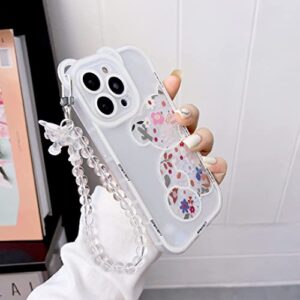 Shinymore Compatible with iPhone 14 Pro Max Case, Cute Flowers Bear Camera Protector Clear Case Cover with Lovely Strap Bracelet Chain Girls Women Case for iPhone 14 Pro Max