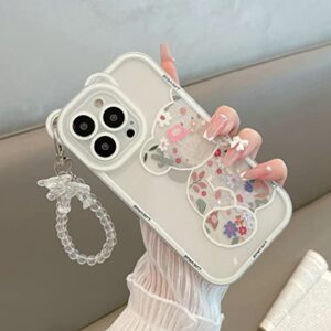 Shinymore Compatible with iPhone 14 Pro Max Case, Cute Flowers Bear Camera Protector Clear Case Cover with Lovely Strap Bracelet Chain Girls Women Case for iPhone 14 Pro Max