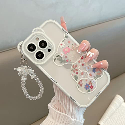 Shinymore Compatible with iPhone 14 Pro Max Case, Cute Flowers Bear Camera Protector Clear Case Cover with Lovely Strap Bracelet Chain Girls Women Case for iPhone 14 Pro Max