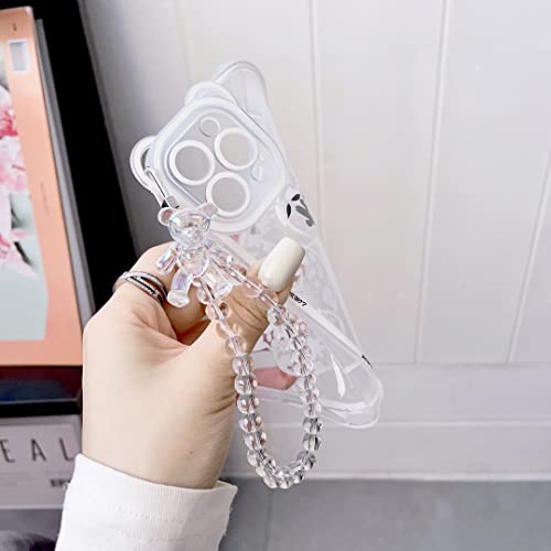 Shinymore Compatible with iPhone 14 Pro Max Case, Cute Flowers Bear Camera Protector Clear Case Cover with Lovely Strap Bracelet Chain Girls Women Case for iPhone 14 Pro Max