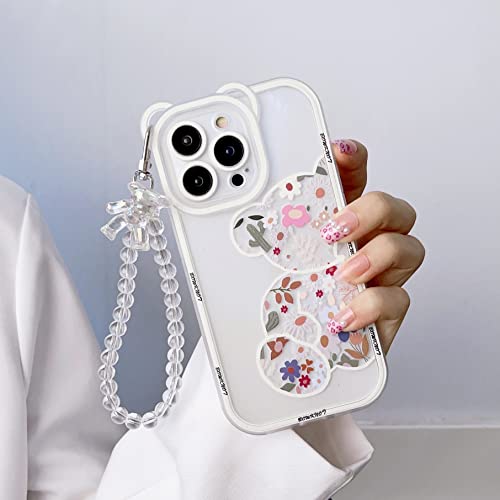 Shinymore Compatible with iPhone 14 Pro Max Case, Cute Flowers Bear Camera Protector Clear Case Cover with Lovely Strap Bracelet Chain Girls Women Case for iPhone 14 Pro Max