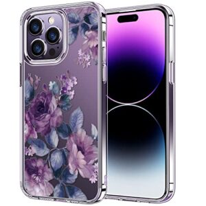 bicol hybrid iphone 14 pro max case clear fashion designs phone cover for women girls, stylish slim shockproof hard pc+tpu bumper flower protective phone case for iphone 14 pro max 6.7" purple flowers