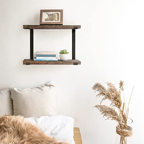 Mkono 2 Tier Wall Shelf Rustic Wall Mounted Floating Shelves Bathroom Wall Decor Wood Hanging Shelf with Metal Brackets Display Storage Shelving for Living Room Bedroom Office