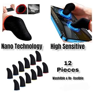 12 PCs Finger Sleeve for Mobile Gaming,Anti-Sweat Breathable Touch Screen, Thumb Gloves for Gaming, Thumb Socks for Gaming, Gaming Finger Sleeves, Washable & Re-Useable, Blue, Yellow, Red