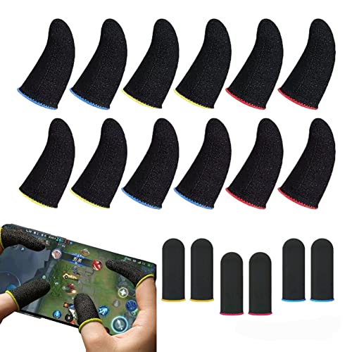 12 PCs Finger Sleeve for Mobile Gaming,Anti-Sweat Breathable Touch Screen, Thumb Gloves for Gaming, Thumb Socks for Gaming, Gaming Finger Sleeves, Washable & Re-Useable, Blue, Yellow, Red