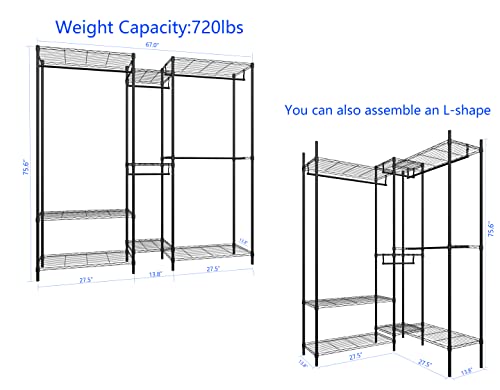 Serxis Heavy Duty Garment Rack for Hanging Clothes, Metal Clothing Rack,Large Capacity Portable Clothing Rack,Freestanding Open Wardrobe Organizer Rack, 67.0"L x 13.8"W x 75.6"H Max Load 720LBS, Black