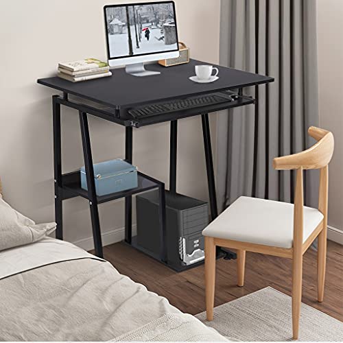 Desktop Computer Desk With Keyboard Tray, Modern Home Office Writing Work Desk, Wood Student Study Table with Storage Shelves, Farmhouse Notebook Workstation, Small Space Gaming Desks (Black)